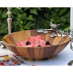 Vagabond House Acacia Wood Large Salad Serving Bowl with Pewter Song Bird 16 inch Diameter x 6 inch Tall