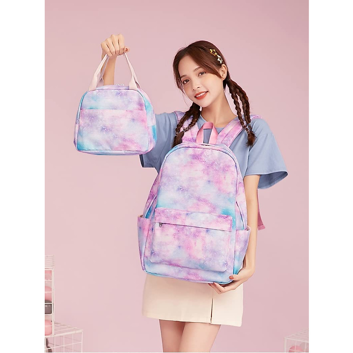 Galaxy Prints 3Pcs Girls Backpack Set Preschool School Bag for Toddlers with Lunch Box Teens Bookbag for School