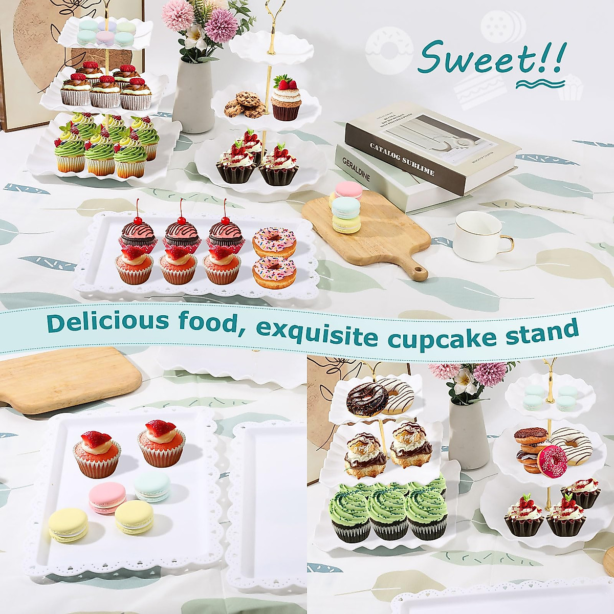 Dessert Table Display Set Stands: Cupcake Stand Set - 10 Pcs Cupcake Tower 4 3 Tiered Tray Stand 6 Plastic Tray for Birthday Baby Shower Tea Party White