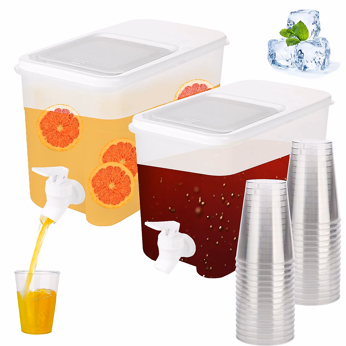 1 Gallon Drink Dispenser Beverage Water Dispenser for Fridge Plastic Cold Drink Dispenser with Spigot Juice Lemonade Dispenser with 30Pcs Hard Plastic Cups for Parties Stand and Daily Use