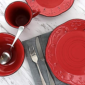 Elama Embossed Scalloped Round Stoneware Dinnerware Dish Set, 16 Piece, Red with Brown Accents