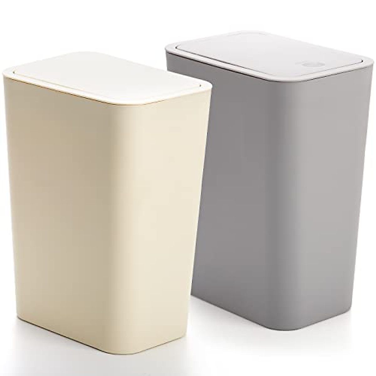 Fasmov Trash Can 2 Pack 7.5 Liter / 2 Gallon Plastic Garbage Container Bin with Press Top Lid, Waste Basket for Kitchen, Bathroom, Living Room, Office, Narrow Place (Gray + Apricot)