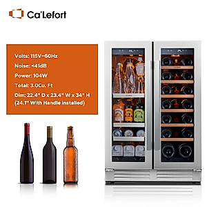Ca'Lefort Wine and Beverage Refrigerator - 24 inch Dual Zone 60 Cans 20 Bottles Drink Fridge with Glass Door, 3 Color LED Lights Wine Cooler for Beer Soda for Home Office Bar Bedroom