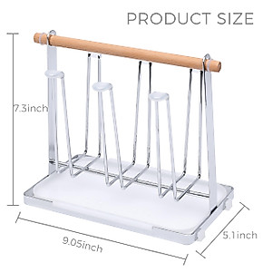 POCHOIO Cup Drying Rack for Countertop,Stainless Steel Bottle and Mug Drying Rack with Wooden Handle-Countertop Organizer for Mugs, Glasses, and Bottles,Silver