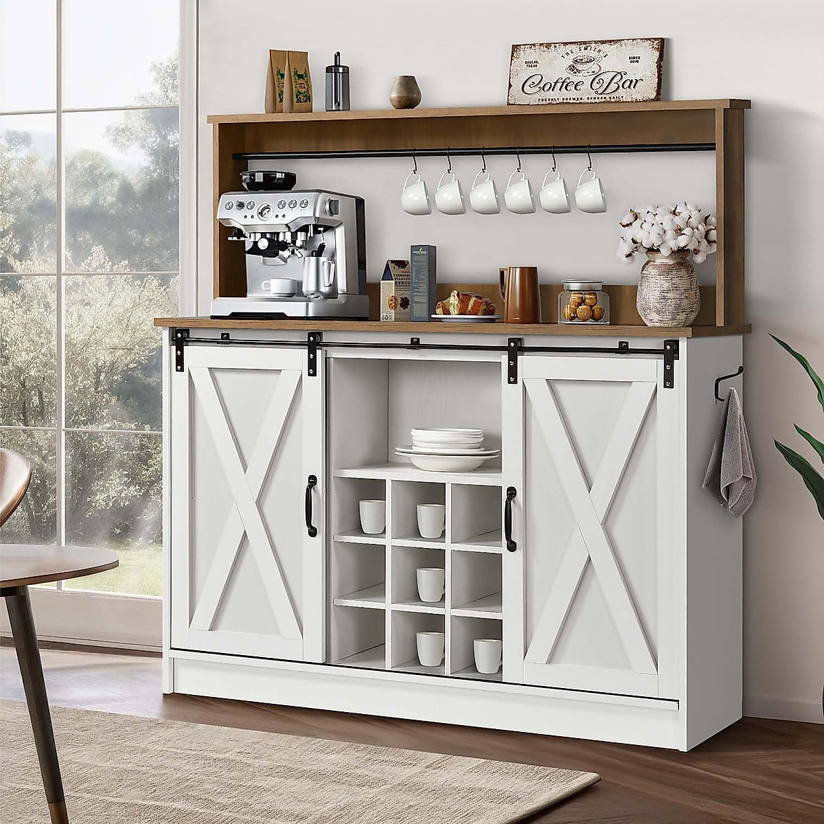 IMMERSTABLE Farmhouse Coffee Kitchen Bar Cabinet with Wine Racks, Coffee Station for Dining Room, White