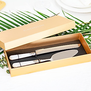CATHYLIN Wedding Cake Knife and Serve Set, Fancy Hand Craft Italian Style Design, White Pearl Pie Knife Server Set, Vintage Silverware,Cake Cutter Set, Cake Knife Gift Set, 2 pcs
