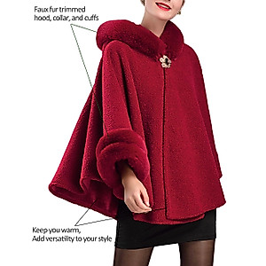 Dahlia Women's Winter Poncho Cape – Luxurious Faux Fur-Trimmed, Shed-Free, Silky Touch, Fleece-Lined Elegant Cloak, Black Large