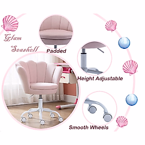 DM Furniture Adjustable Kids Desk Chair Cute Reading Computer Chair for Students Modern Upholstered Velvet Swivel Rolling Armchair for Girls Bedroom, Seashell Back (Light Pink)