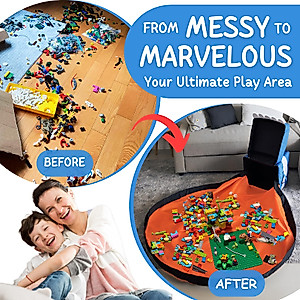 Toy Storage Organizer with Play Mat - XXL Monster Storage Bag/Box for Kids, Boys, Girls, Nursery, Playroom - Basket for Building Bricks/Blocks - Collapsible Fabric Cube Bin, 15"x15"x15"