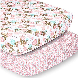 The Peanutshell Crib Sheet Set for Baby Girls | Pink and Gold Butterfly & Pink Ditsy Floral | 2 Pack Set