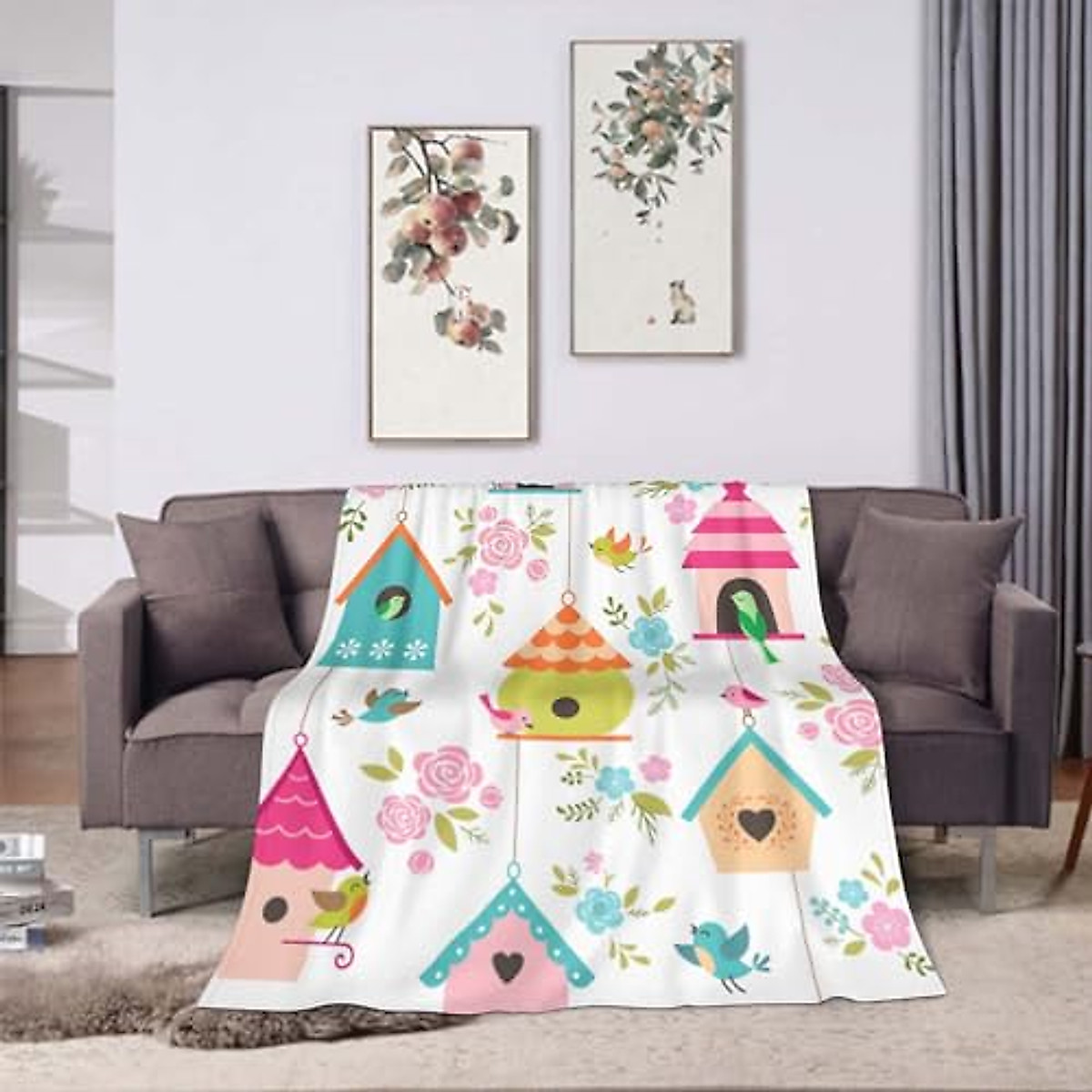 Throw Blanket 60x80 Inch,Floral Birds Houses Home Flannel Soft Cozy Fluffy Throw Blankets and Warm Throws for Adults in Couch Sofa Bed 60x50 Inch