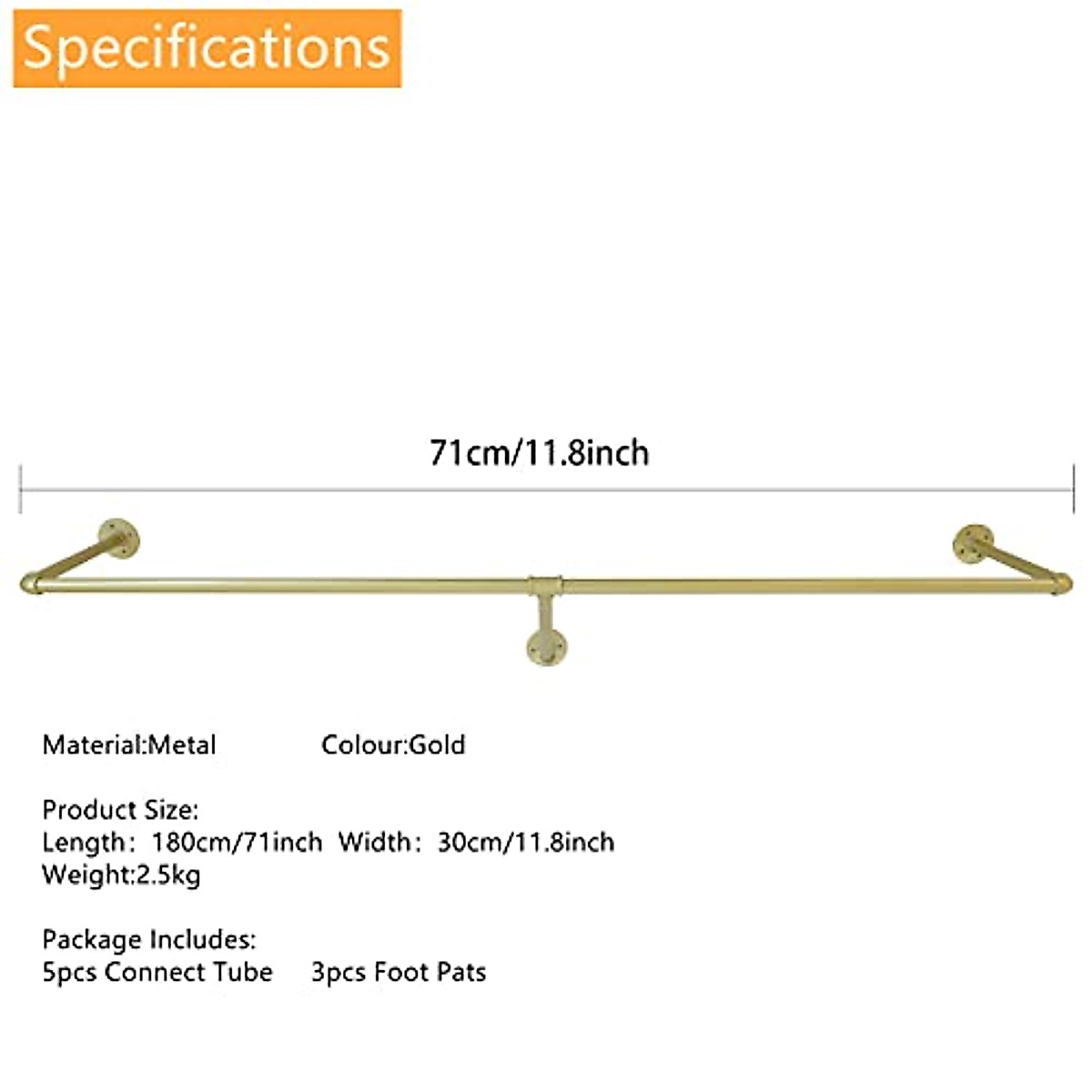 Gold Clothes Display Rack Iron Industrial Pipe Wall Mounted Clothing Rack Wedding Dress Bridal Garment Rack Stand Stand Decoration Retail Display Closet Organization 71inch*11.8inch