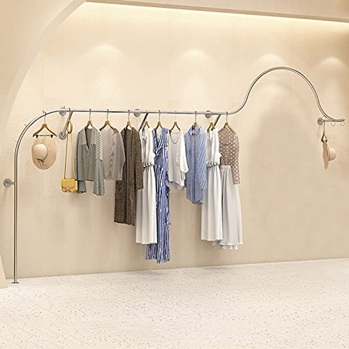 Clothes Rack Boutique display rack, Clothing Store Display Furniture wall mounted Clothes hanging rack, Heavy Stainless Steel Pipe garment Shelves System, Home Creative Silver Hanger Rod