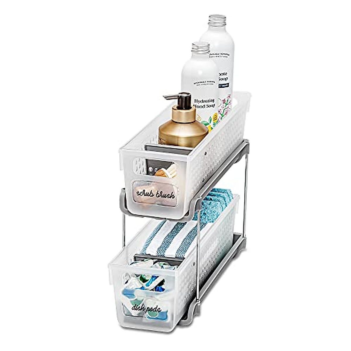 madesmart Premium Antimicrobial 2-Tier Mini Organizer Multi-Purpose Slide-Out Storage with Handles and Dividers for Home and Bath, Pack of 1, Frost