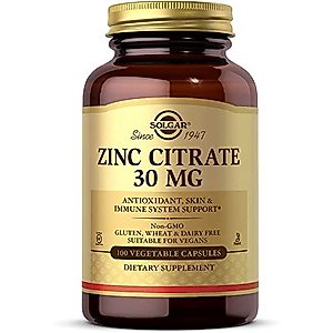 Solgar Zinc Citrate 30 mg, 100 Vegetable Capsules - Zinc for Healthy Skin, Taste & Vision - Immune System & Antioxidant Support - Citrate Form for Optimal Absorption - Non GMO, Vegan - 100 Servings