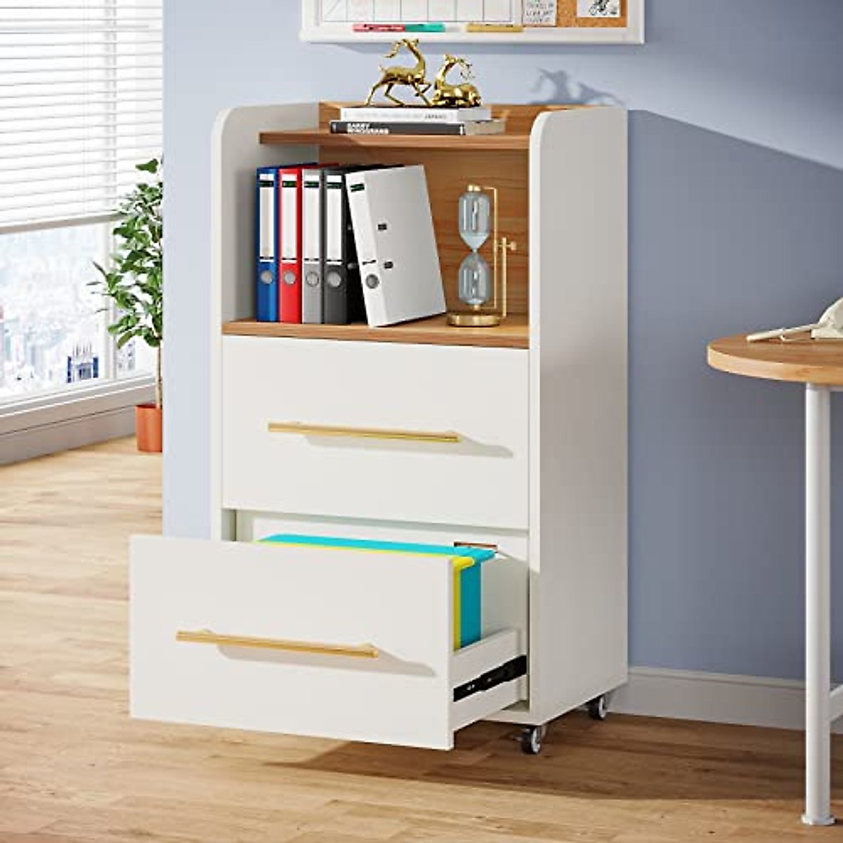Tribesigns Lateral File Cabinet with 2 Drawers, Modern White Filing Cabinet Wood Rolling Filing Cabinets for Letter/Letter/A4 Size Files, Mobile Printer Stand with Open Shelves for Home Office (43"H)