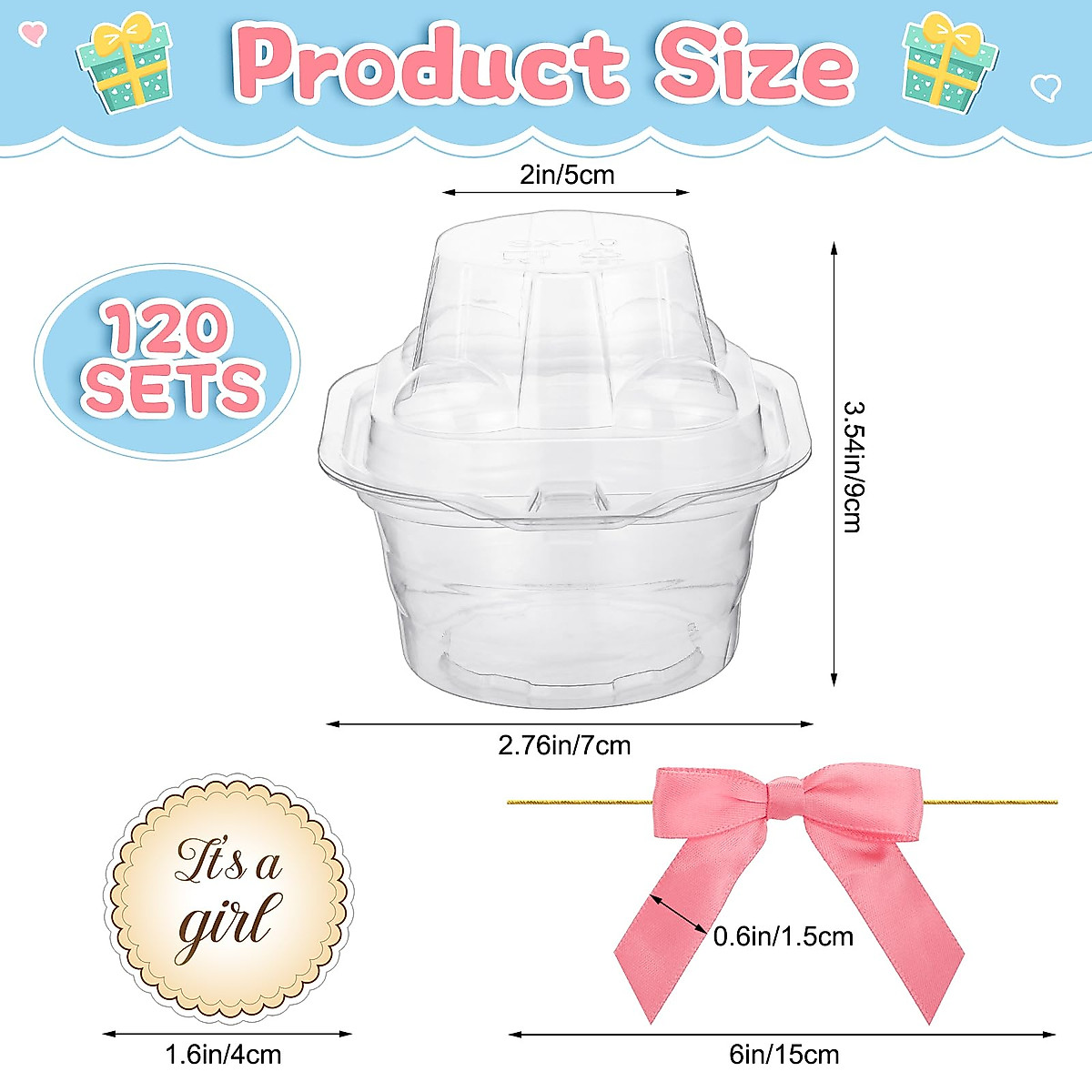 Dandat 360 Pcs Plastic Individual Cupcake Containers Set, 120 Disposable Cupcake Holders with Lid, 120 Pink Ribbons, 120 Baby Girl Stickers for Baby Shower Girl Birthday Decorations