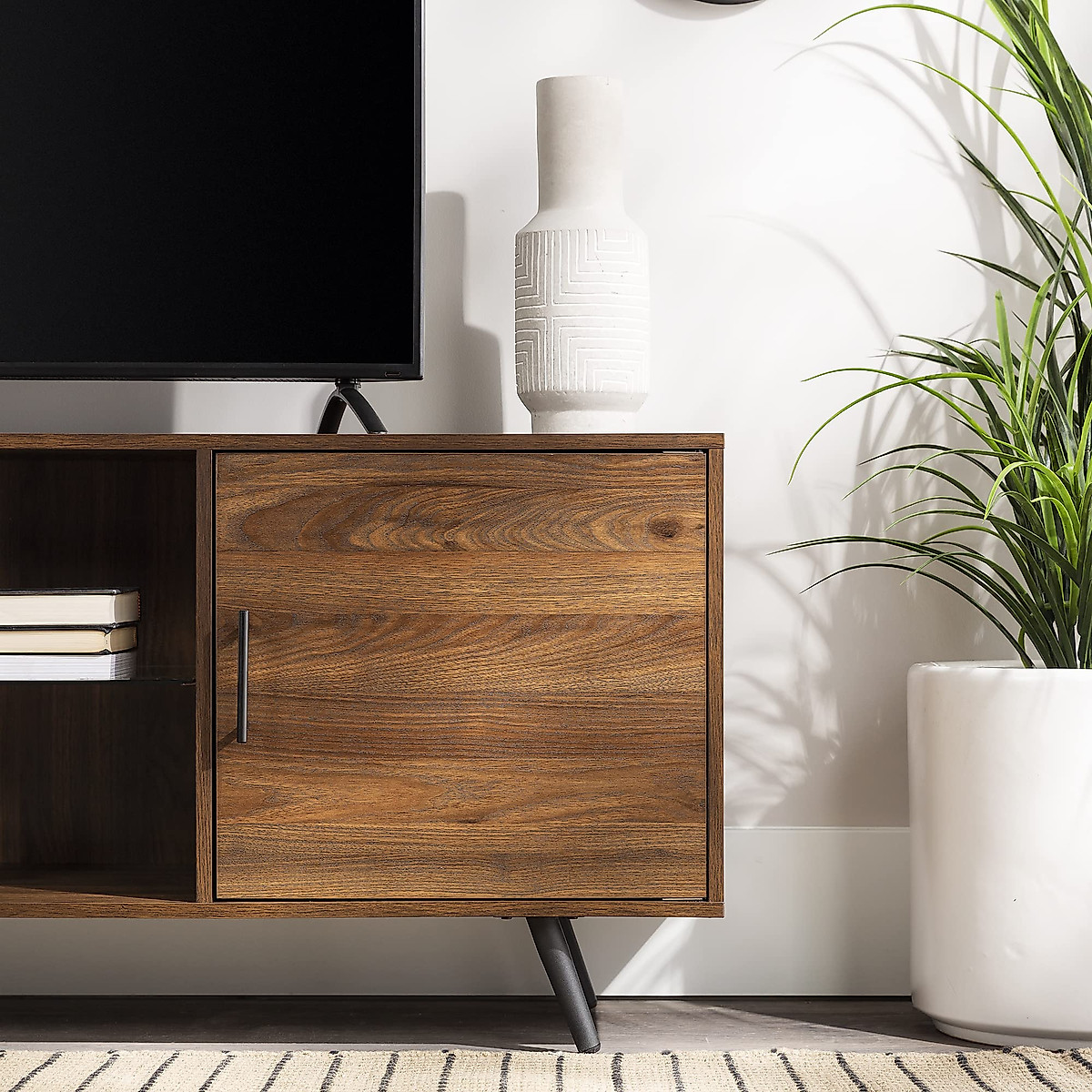 Walker Edison Saxon Mid Century Modern 2 Door Glass Shelf TV Stand for TVs up to 80 Inches, 70 Inch, Dark Walnut