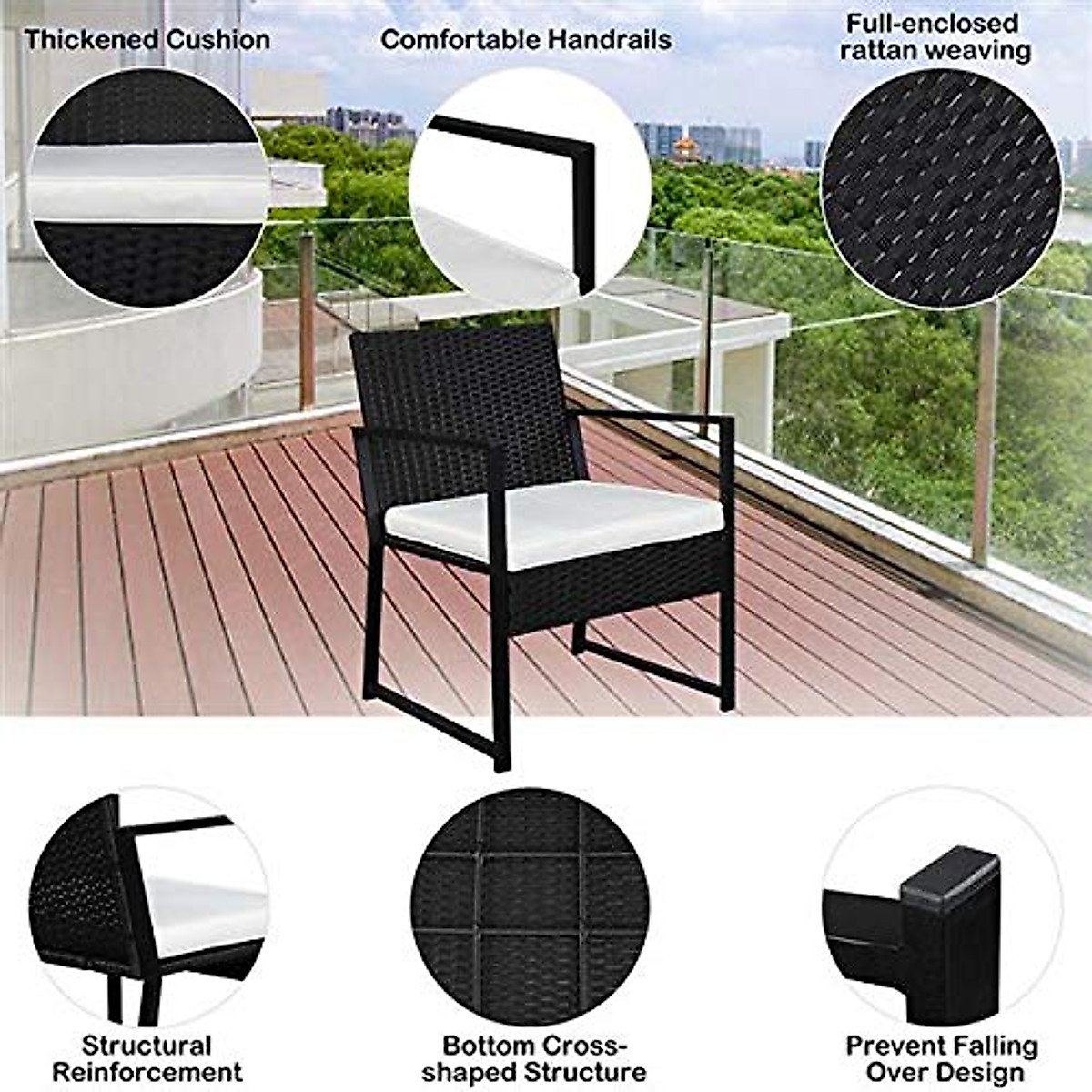 3 PCS Patio Wicker Rattan Furniture Set, Rattan Chair with Coffee Table, Bistro Set Rattan Chair Conversation Sets Garden Furniture for Patio Garden Lawn Backyard Pool (Black-A)