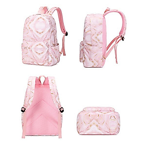 JiaYou Teens Girls Backpack Sets 3Pcs Daypack with Lunch bag Pencil case marble pattern print(Pink,20Liters)