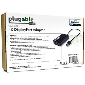 Plugable USB 3.0 to DisplayPort 4K DisplayLink Video Graphics Adapter for Multiple Monitors up to 3840x2160 Supports Windows, Mac, and ChromeOS