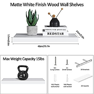 Set of 3 Floating Shelves,Wall Mounted Floating Storage Shelves,White Finish Wall Mount Shelf Sets, Wood Wall Shelves for Decor and Display,Be Used for Kitchen, Bathroom,Living Room, Bedroom and More.