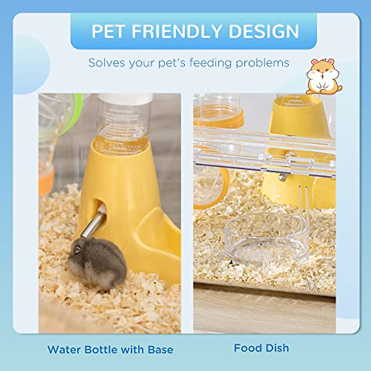 PawHut Hamster Cage, 2-Level Rat House Mouse Habitat with Accessories Tube Tunnels, Exercise Wheel, Water Bottle, Food Dish, Hut, 22" x 15" x 12.5", Transparent