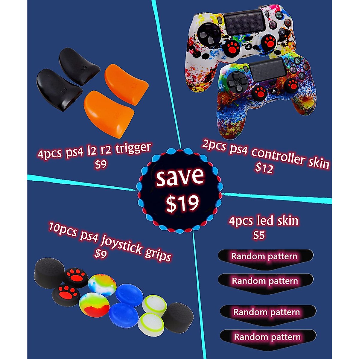 Silicone Skin for Ps4 Controller, 2pcs Anti-Slip Shell Cover Case with 10 Joystick Grips, 2 Pairs L2 R2, 4pcs Led Light Bar Skin for Playsation 4/ Slim/Pro Dualshock 4 Controller Wireless Gamepad