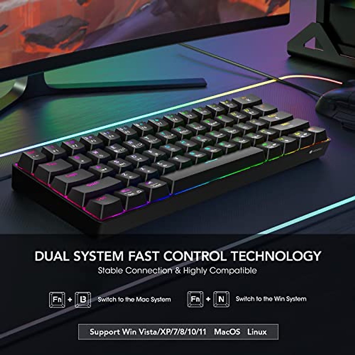 KOORUI 60% Gaming Keyboards, 61 Keys Wired Ultra-Compact Mechanical Keyboard 26 RGB Backlit with Red Switch Mini Keyboards for Windows MacOS Linux