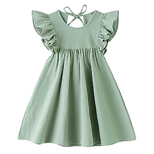 lymanchi Toddler Girl Sleeveless Dresses Ruffle Cotton Linen Solid Color Cute Sundress 818 Green 120