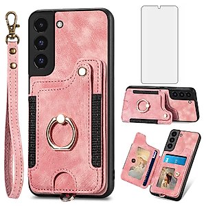 Phone Case for Samsung Galaxy S22 Plus S22+ 5G Wallet Cover with Screen Protector and Wrist Strap Lanyard RFID Credit Card Holder Ring Stand Cell Accessories S22+5G S22plus 22S + S 22 22+ Women Pink