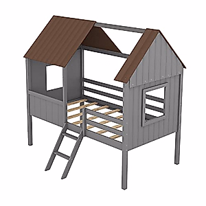 BOVZA Twin Size Low Loft Bed, Wood Kids House Bed with Two Side Windows and Roof for Kids Girls Boys, Gray+Brown