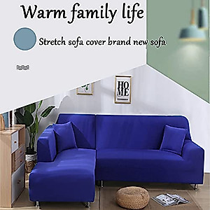 TVPFM Stretch Sofa Slipcover, Microfiber Soft Sectional Couch Covers Removable Elastic Bottom L-Shaped Sofa Covers Furniture Protector for Pets Cat Dog-Blue B-4 Seater+4 Seater