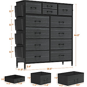 YaFiti Dresser for Bedroom with 12 Drawers, Chest of Drawers with Side Pockets and Hooks, Fabric Dresser Drawers for Living Room, Hallway, Entryway (Black Wood Grain)