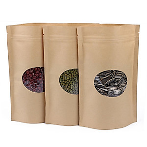 Katkitchen 100PCs Zip Lock Stand Up Kraft Paper Food Storage Bags Pouch with Round Window & Tear Notch, 5.1"x7.4" Food Saver Paper Party Gift Favor Wrap for Candy, Coffee Beans Nuts