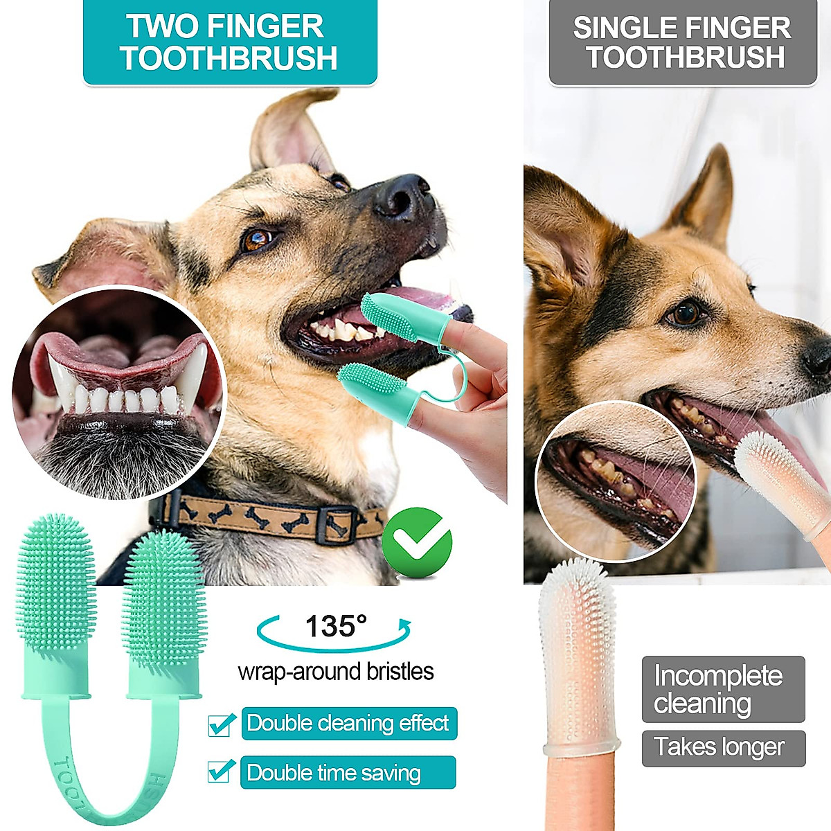 VVHOMIFE Two Finger Toothbrush for Dogs, Cat Toothbrush Two Finger, Double Cleaning Strength, Double The Efficiency, Efficient Teeth Cleaning, Ergonomic, Ring Bristle, Easier to Use. (2-pcs, Blue)