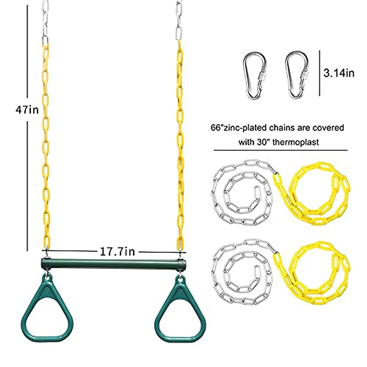 Take Me Away 18'' Trapeze Swing Bar Rings 48'' Heavy Duty Plastic Coated Chains Swing Set Accessories Playground Swing seat, Green