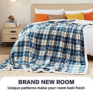 inhand Sherpa Throw Blanket, Plaid Warm Cozy Soft Throw Blankets for Couch, Bed, Sofa，Reversible Fluffy Plush Flannel Fleece Blankets and Throws for Adults Women Men(Navy Blue, 50”x 60”)