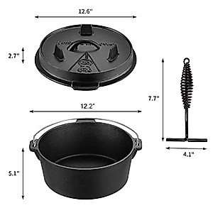 SHYIS Camping Dutch Oven,9 Qt Pre-Seasoned Camping Cookware Pot With Lid - Lid Lifter,Cast Iron Deep Pot with Metal Handle for Camping Cooking BBQ Baking Campfire Modern Black