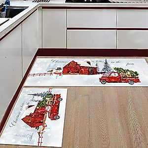 2 Piece Farm Animal Kitchen Rug Set Merry Christmas Indoor Floor Mats for Winter, Xmas Door Mat Runner Rug Carpet Mat for Kitchen Home Decor (15.7" x 23.6"+15.7" x 47.2") - Red Truck Snowy Retro Barn