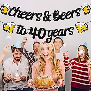 Cheers and Beers to 40th Years Banner 40th Birthday Decorations for Men Women 40s Birthday Backdrop Wedding Anniversary Party Supplies Black Glitter Decorations Pre-Strung