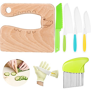 Zhehao 7 Pieces Kitchen Wooden Knife for Kids Include Wood Kids Knife Plastic Potato Slicers Cooking Knives Serrated Edges Toddler Knife Kids Plastic Knife Resistant Gloves for Children (Crocodile)