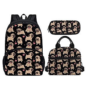 Uourmeti Pug Dog Backpack for School Boys Middle School Bag for Girls Bookbags with Lunch Box Ages 8-10 Pencil Case Elementary School Supplies Lightweight Hiking Rucksack for Travel