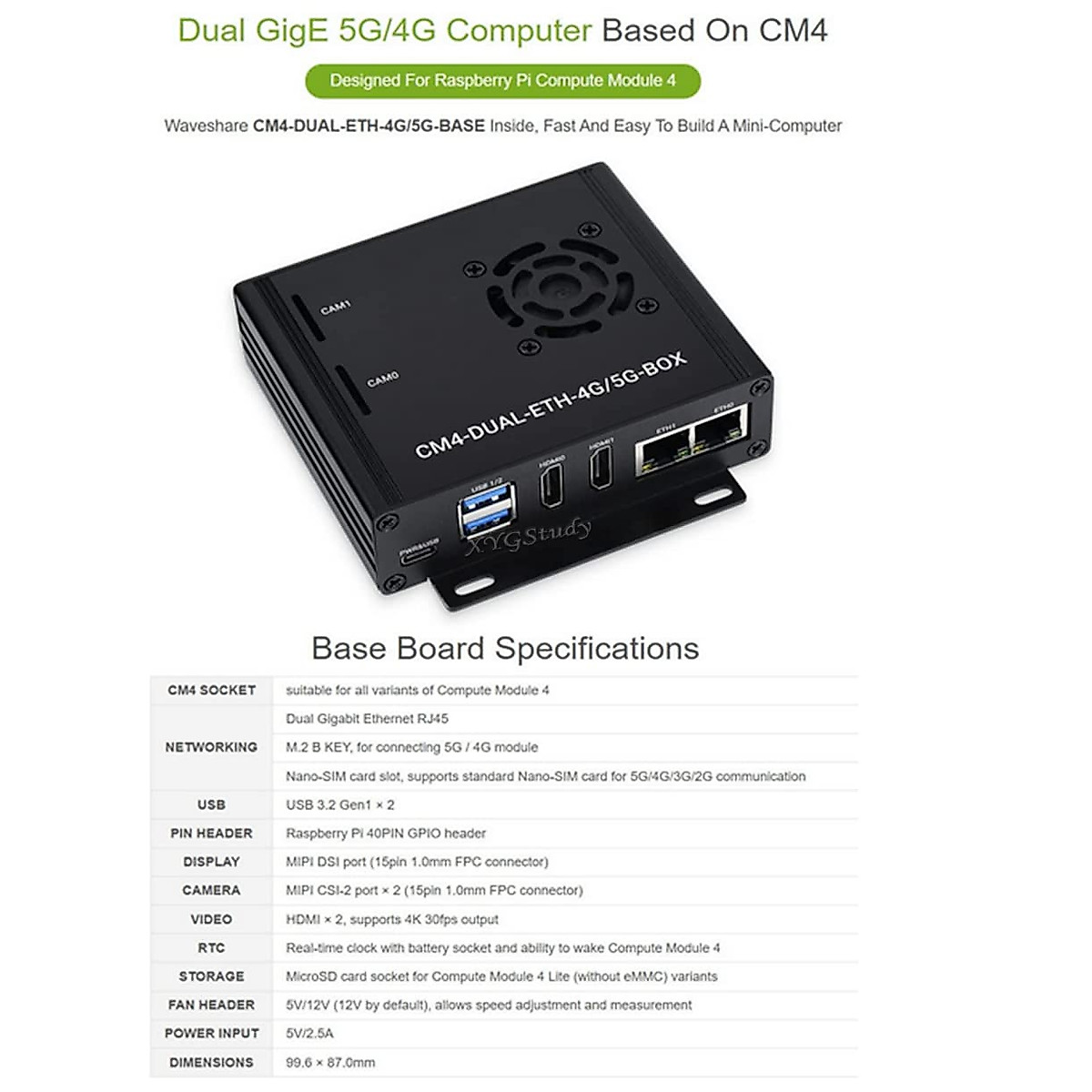 Dual Gigabit Ethernet 5G/4G Mini-Computer with Metal Case and Cooling Fan Based On Raspberry Pi Compute Module 4 (NOT Included) @XYGStudy (CM4-DUAL-ETH-4G/5G-BOX)