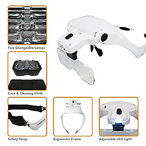MagniPros LED Illuminated Headband Magnifier Visor | 2 Powerful LED Lights | 5 Detachable Lenses 1X, 1.5X, 2X, 2.5X 3.5X - Hands-Free Lighted Magnifying Glasses for Crafts, Hobbies, Cross Stitch