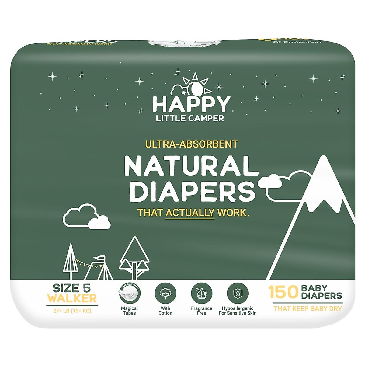 Happy Little Camper Ultra-Absorbent Natural Baby Diapers Size 5 - Hypoallergenic, Unscented & Chlorine-Free Disposable Diapers Safe for Sensitive Skin - Walker Diapers Monthly Pack - 150 Count