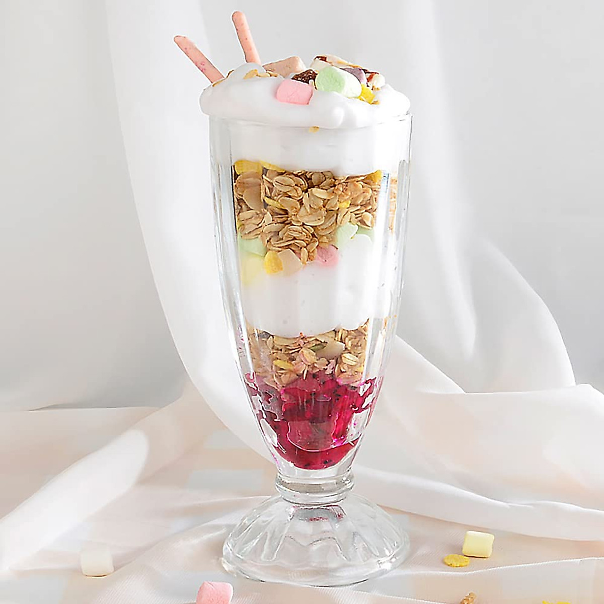 Cezoyx Set of 6 Milkshake Glasses with Spoons, 12 Oz Old Fashioned Soda Glasses Clear Cocktail Glasses, Ice Cream Sundae Cups for Smoothies, Milk Shakes, Sundaes and more