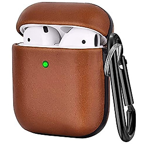 V-MORO Compatible with Airpods Case, Genuine Leather Airpods Case with Keychain for Airpods 2 & 1, Front LED Visible, Protective Cover Skin Brown