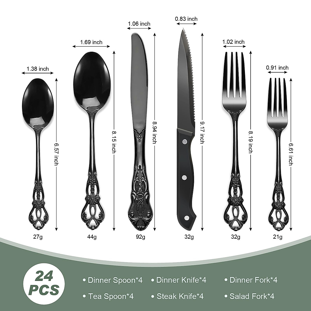 24 Pieces Black Silverware Set for 4, Stainless Steel Flatware Set Serving include Spoon Forks Knives, Kitchen Utensils Set, Tableware Cutlery Set with Steak Knives For Home Kitchen Restaurant Hotel