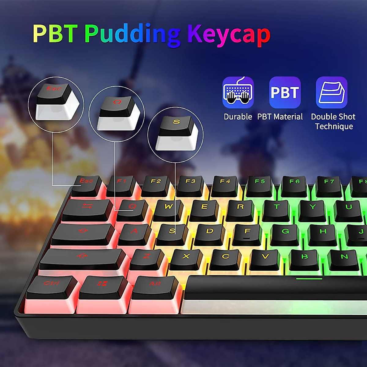 NACODEX Mini 60% Mechanical Gaming Keyboard - PBT Pudding Keycap Bluetooth 5.0 Rainbow Keyboard - 1000mAh Ultra-Compact Keyboard for Win/Mac/PC Gamer (Red Switch White)